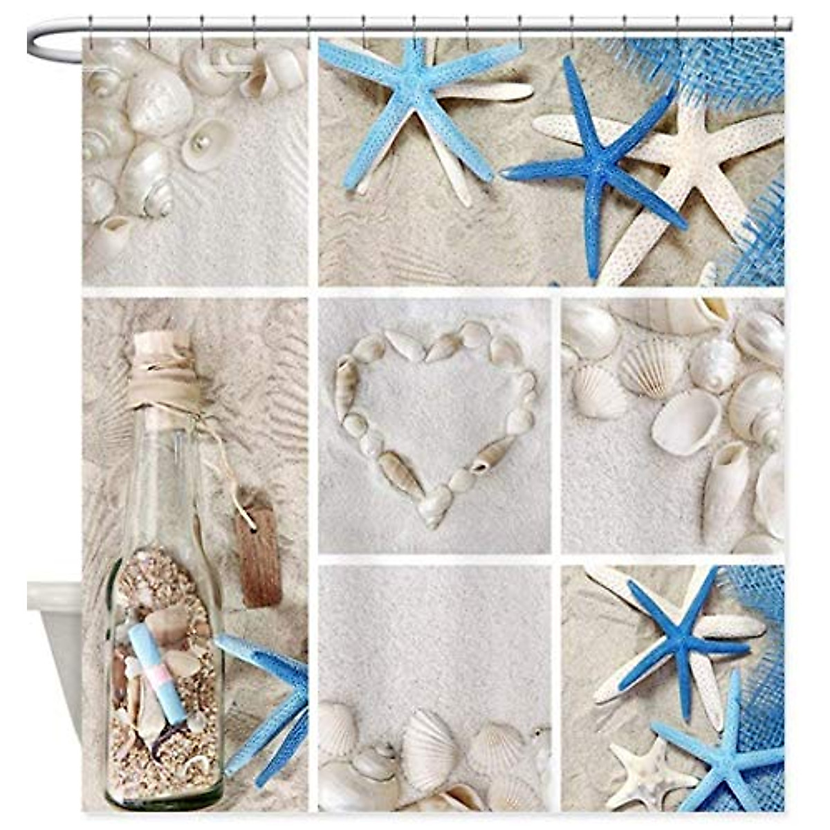 Amagical Blue Starfish Seashell Conch 3 Piece Shower Curtain Bathroom Mat Set Wishing Bottle Love Stone Design Bath Mat + Contour Mat + Shower Curtain + 12 Hooks