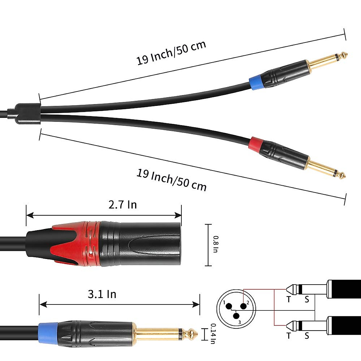 Disino Dual 1/4 inch to XLR Male Y Splitter Cable,Male XLR to Dual 6.35mm TS Mono Plug Microphone Audio Converter Adapter - 3.3 feet