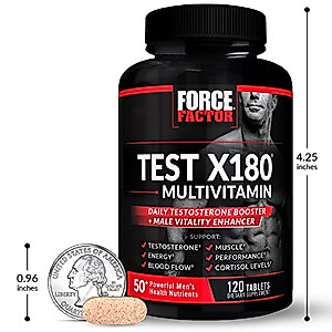 Test X180 Multivitamin for Men Plus Testosterone Support with All 13 Essential Vitamins, for Muscle, Strength, Men’s Health, and Performance, Daily Multivitamin for Adults, Force Factor, 120 Tablets