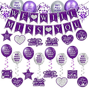 Purple Farewell Party Decorations Supplies 30Pcs Purple Silver We Will Miss You Banner Balloons Good Luck Hanging Swirls Cards for Retirement Farewell Going Away Graduation Job Change Goodbye Party