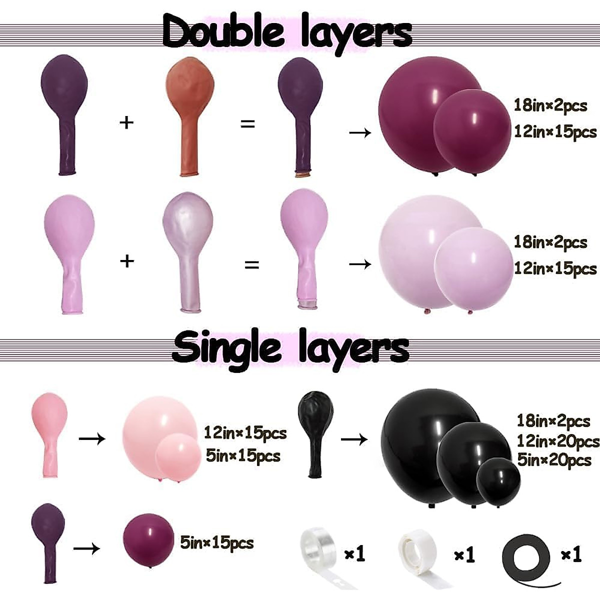 Black Pink Purple Balloons Double Stuffed Pastel Lavender Lilac Balloon Garland Dusty Mauve Plum Balloon Arch Kit For Halloween Wednesday Baby Shower Birthday Wedding Party Decoration
