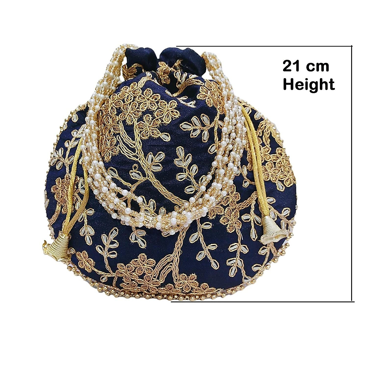 Truesellershop Indian Ethnic Designer Embroidered Silk Potli Bag Batwa Pearls Handle Purse Clutch Purse for Women (Navy Blue)