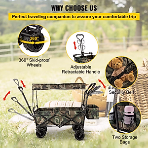 Collapsible Folding Wagon with Removable Canopy - Heavy Duty Utility Cart for Garden, Camping, and Beach with Wheels and Rear Storage - Camouflage