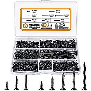VIGRUE 310 Pcs #6 1/2'' to 1'' #8 1/2'' to 1-1/2'' Wood Screws Black Oxide Coated Stainless Steel Flat Head Phillips Drywall Screw Assortment Kit, Self Tapping Screws Kit in 8 Sizes
