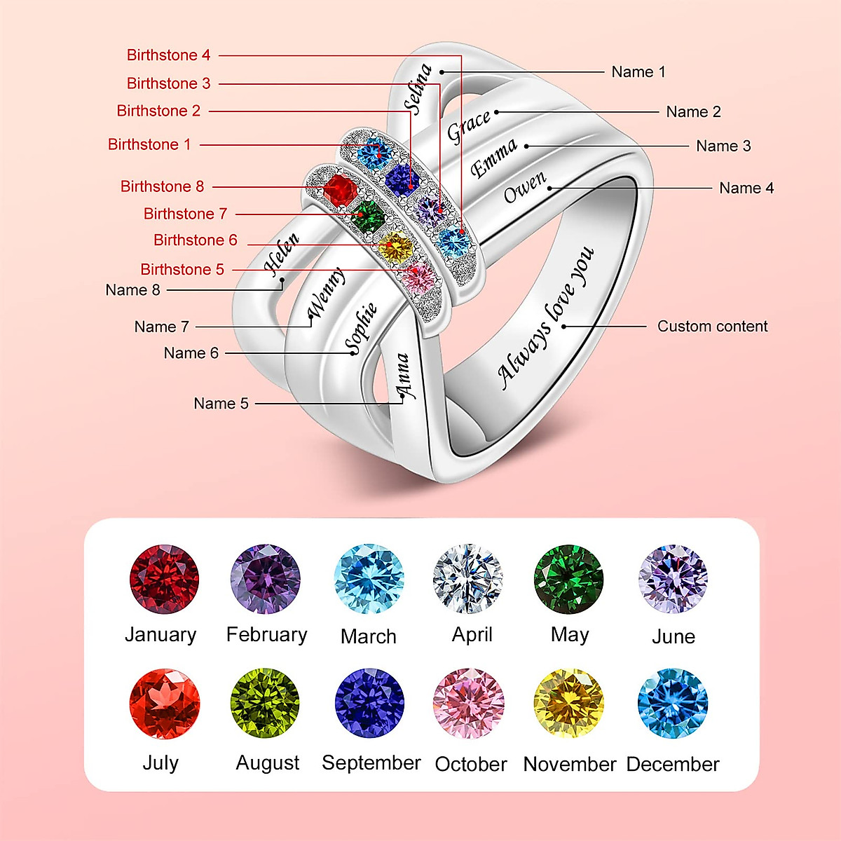 MissNaNa Custom Mother Rings with 1-8 Birthstones & Names Free Engraving Personalized Birthstone Ring Mom Birthstone Ring for Women Wife Grandma
