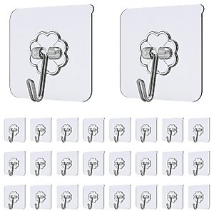 XCZYN Self Adhesive Hooks 24 Pcs Transparent Waterproof Sticky Hooks Hanging Heavy Duty on Smooth Surfaces Like Wall, Tiles, Glass, Metal for Home, Bathroom, Kitchen, Office and Outdoor (24, Clear)