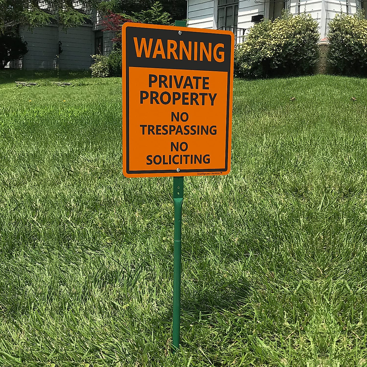 SmartSign "Warning - Private Property, No Trespassing, No Soliciting" LawnBoss® Sign | 10" x 12" Aluminum Sign With 3' Stake