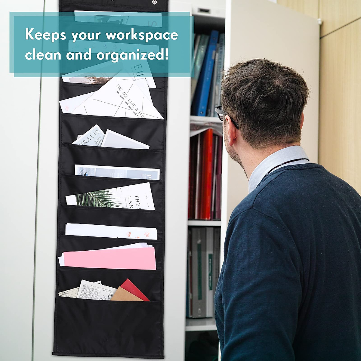 Fuutreo 4 Pack Heavy Duty Storage Pocket Chart with 40 Pockets 12 Overdoor Hangers Hanging Wall File Organizer Magazine Organizer for Classroom School Home Office