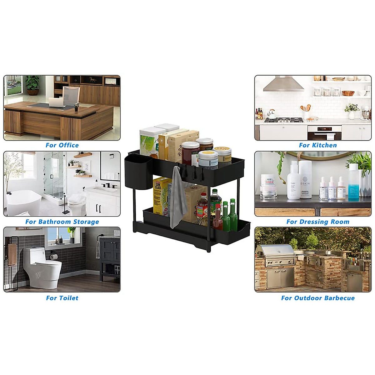 3 Pack Under Sink Organizers and Storage,2-Tier Pull Out Under the Sink Organizer, Muti-purpose Under Sink Storage with 6 Hooks 12 Cups,Drawer Basket Organizer for Kitchen Bathroom