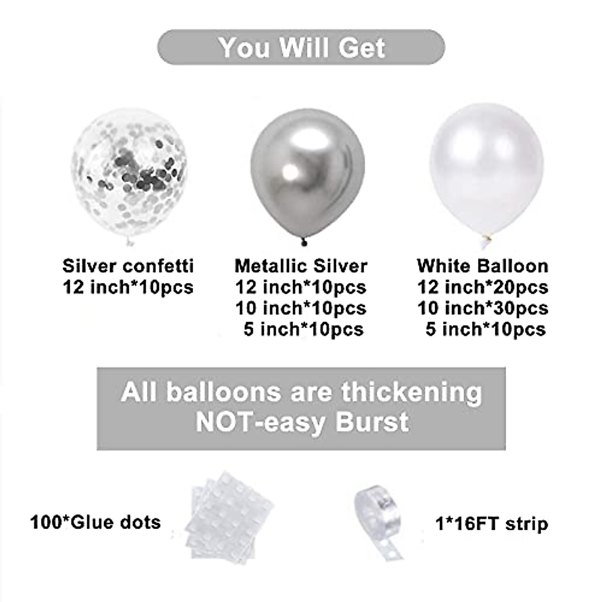 Bezente White Silver Balloon Garland Kit,100Pcs White Silver Metallic Chrome and Silver Confetti Balloons with Balloon Tape for Wedding, Prom,Special Events Party Decoration.
