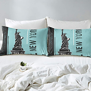 Erosebridal Statue of Liberty Bedding Set City Scape Comforter Cover Famous Attractions in New York USA Duvet Cover Set for Men Women, Teal 3 Pieces Bedding Set with 2 Pillow Shams, Full Size