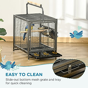 PawHut 18" Heavy Duty Wrought Iron Travel Bird Cage Carrier with Handle Perch and Accessories - Black