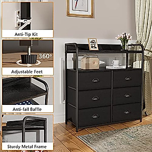 Furologee 6 Drawer Dresser Fabric, Double Shelf Black Closet Organizer Storage Tower Unit for Bedroom, Living Room Entryway, Rustic Bins, Sturdy Metal Frame