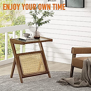 Bamworld Rattan Side Table Boho NightStand Mid Century Modern End Table Glass Bedside Table Small End Tables Bamboo Coffee Table with Storage for Living Room Bedroom