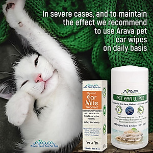 Arava Natural Ear Mite Treatment for Cats and Dogs - Effective Ear Cleaning Drops for Cat and Dog Ear Mites and Prevent Infections - NOT for Cats Under 13 LBS & Puppies Under 9 Months