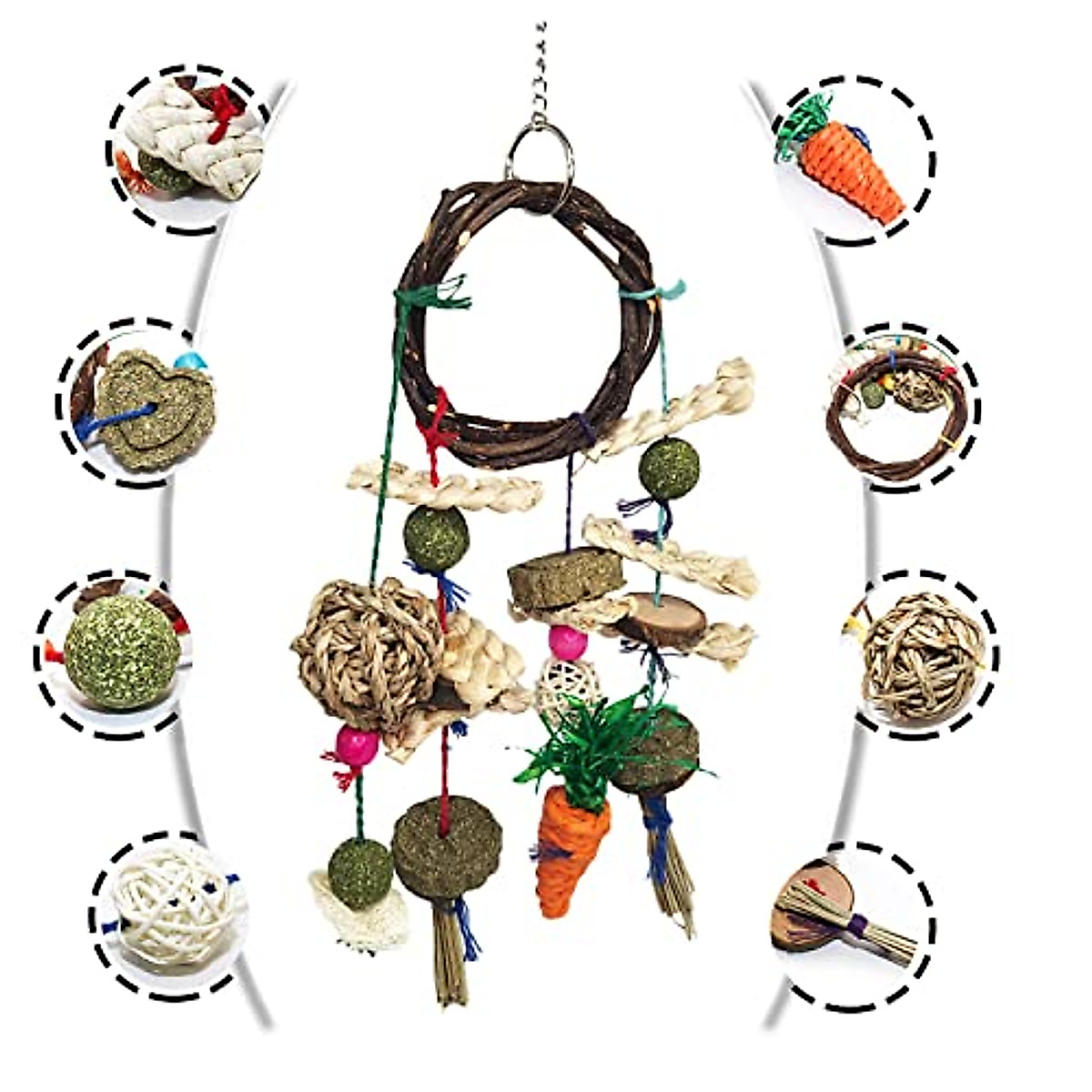 Grddaef Rabbit Chew Toys, Bunny Cage Hanging Toys Rattan Ring Treats Grinding Teeth for Rabbit Guinea Pig Chinchilla Hamster Ferret