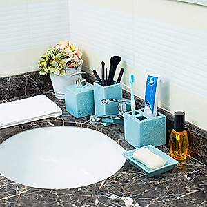 Blue Teal Bathroom Accessory Set,4 Pcs Bathroom Soap Dispenser Set Hand Pump Soap Dispenser, Vanity Countertop Accessory Set-Bathroom Soap Dispenser Set,Toothbrush Holder Set, with Soap Dish,Tumbler.