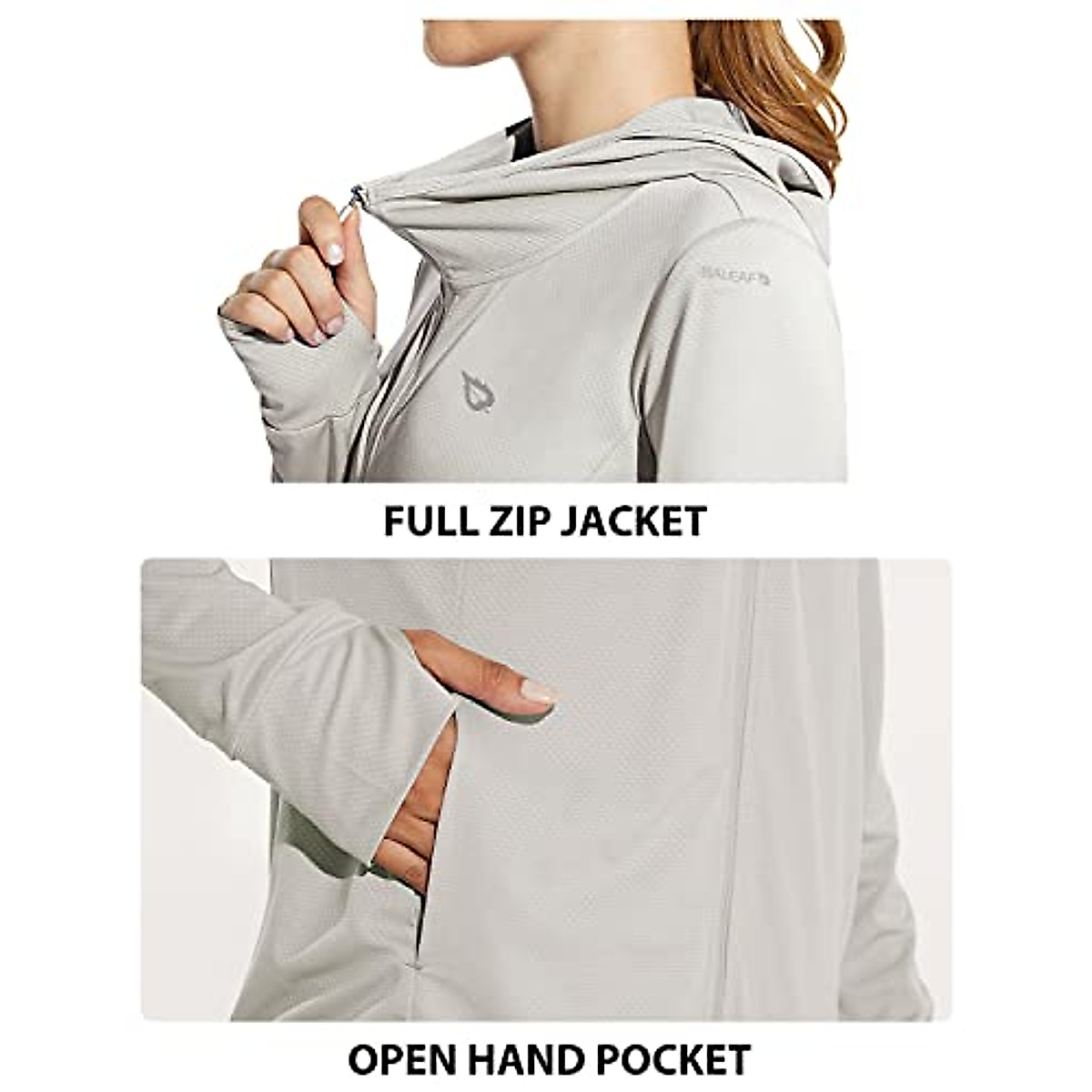 BALEAF Women's Long Sleeve Workout Shirts Lightweight Zip Up Hoodies Jackets SPF UPF 50 UV Sun Protection Quick Dry Oatmeal M