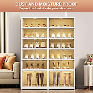 SYNCVIBE Portable Shoe Rack Organizer 6 Tier 24 Pairs Foldable Shoe Box with Doors, Large Folding Cabinet Bins.Stackable Plastic Shoe Box, Storage Shoe Cabinet for Hallway, Living Room, Closet
