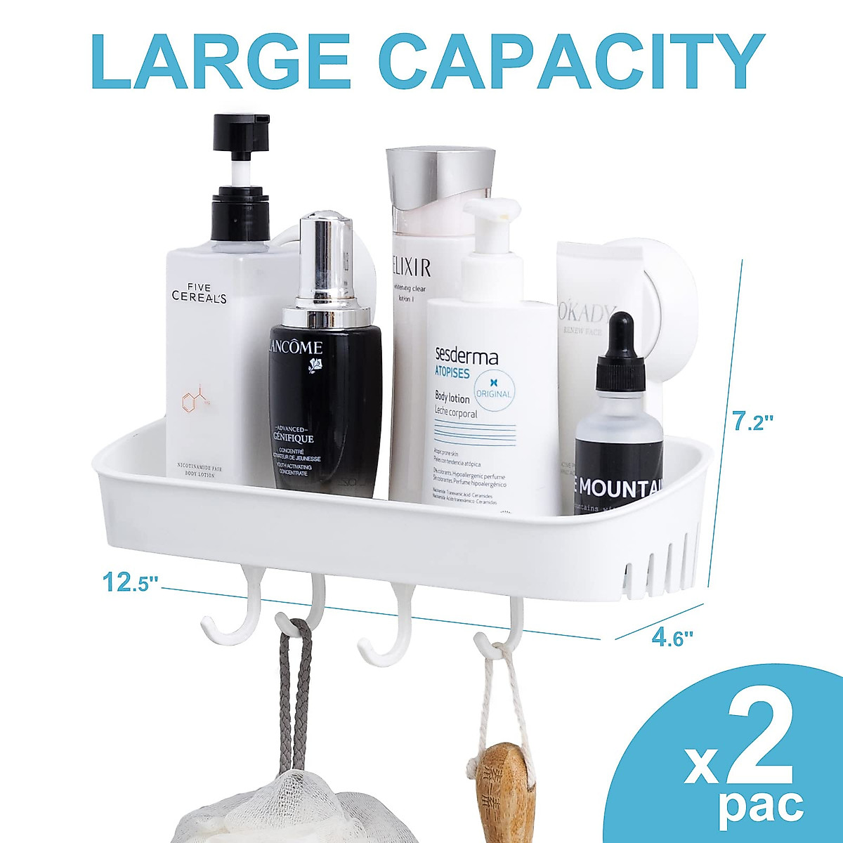 LEVERLOC Shower Caddy with 4 Hooks 2 Packs, Suction Cup Shower Shelf One Second Installation Hanging Shower Rack Removable & Reusable No Drilling Shower Caddy Suction Plastic Wall Mounted