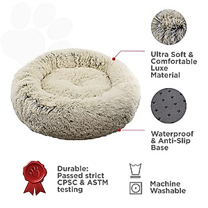 FuzzBall Fluffy Luxe Pet Bed, Calming Donut Cuddler – Machine Washable, Waterproof Base, Anti-Slip (for Small Dogs and Cats up to 25lbs)