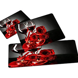 Kitchen Rug Sets 3 Piece, Red Rose Wine Decorative Heart on Black,Floor Mats Washable Doormat Anti Fatigue Non-Slip Kitchen Runner Rug Farmhouse Bedroom Area Carpet