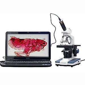 AmScope M620C-E1 Digital Compound Monocular Microscope, WF10x and WF25x Eyepieces, 40x-2500x Magnification, Brightfield, LED Illumination, Abbe Condenser, Mechanical Stage, 110V, Includes 1.3MP Camera and Software