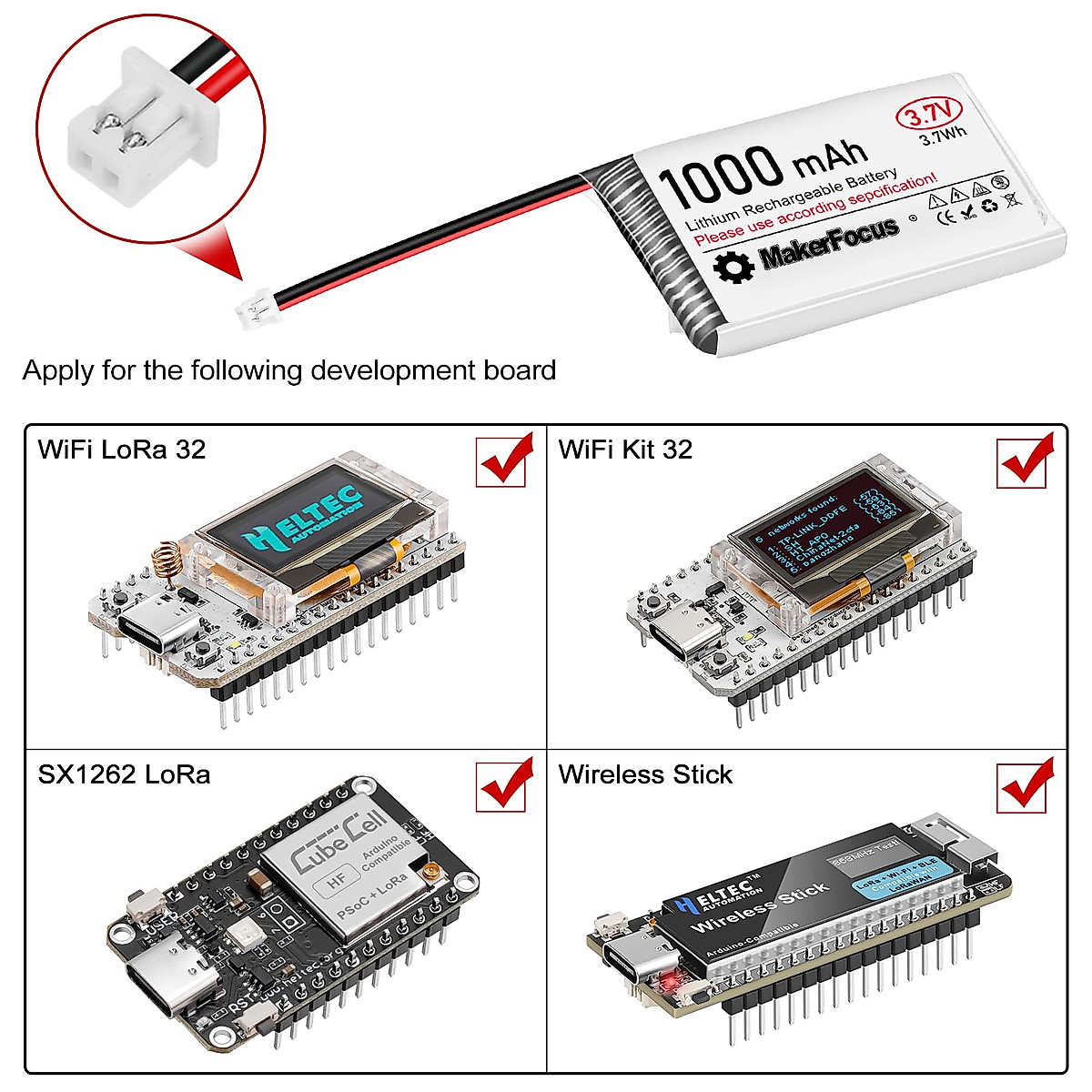 MakerFocus 4pcs 3.7V Lithium Rechargeable Battery JST1.25 Connector 2pin, 952540 3.7V 1000mAh Battery with Protection Board and Insulated Rubber Tape Compatible with ESP32 Development Board