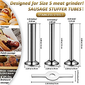 Mudder 4 Pieces Sausage Stuffer Kit 3 Different Sizes Stainless Steel Grinder Tubes with Sausage Stuffer Ring for Size 5 Meat Grinder Food Maker Kit