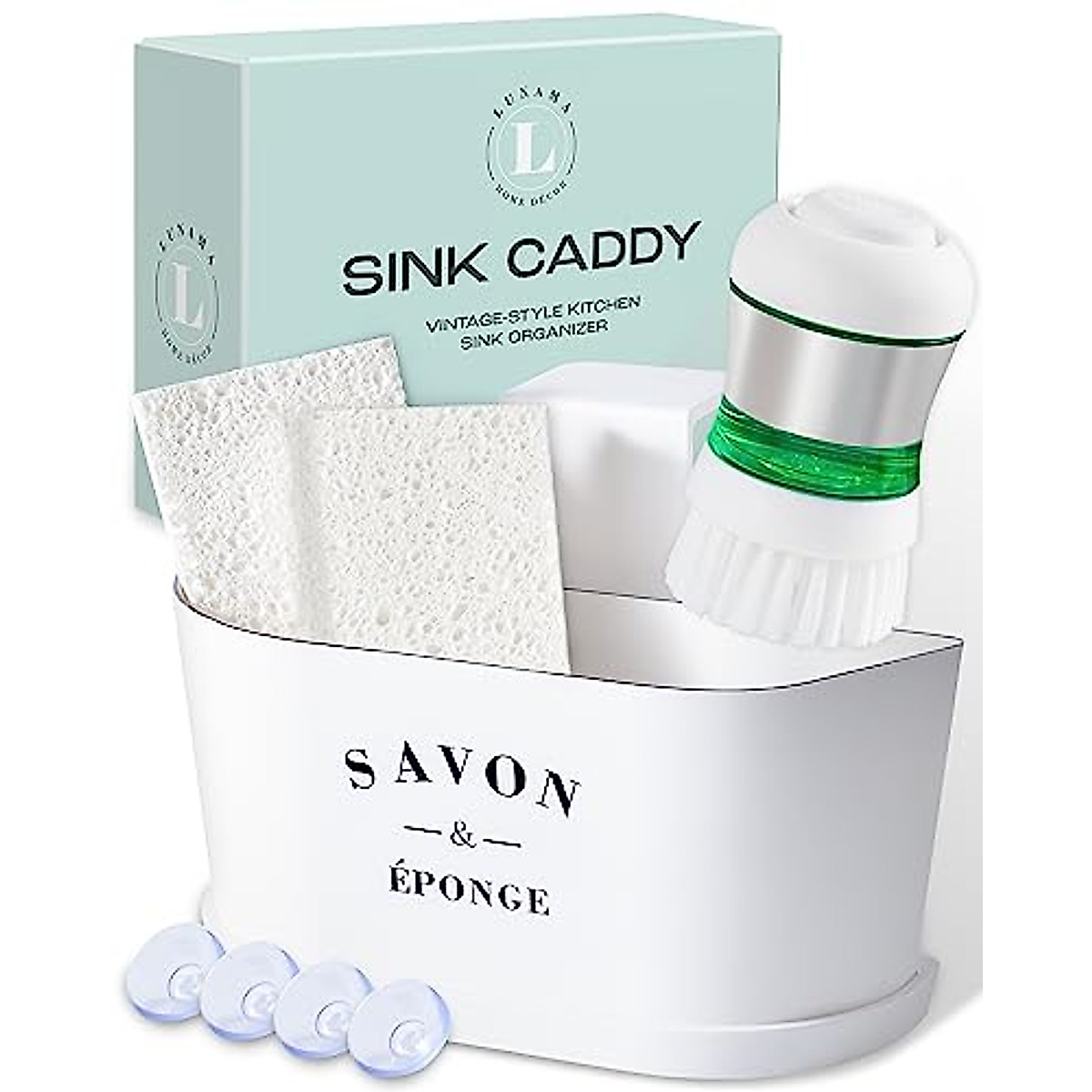 L U N A M A HOME DÉCOR Sink Caddy - Kitchen Sink Organizer - Sponge Holder - Hanging in Sink or Countertop Usage - Antislip mats - Odorless Sponge & Stainless Steel Brush Included