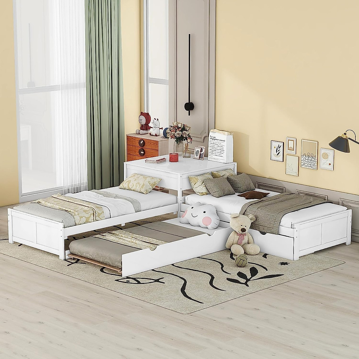 CITYLIGHT L-Shaped Platform Bed with Trundle and Drawers Linked with Built-in Desk, Wood Corner Bed with 3 Twin Beds for Kids Girls Boys Teens Bedroom (Twin,White)