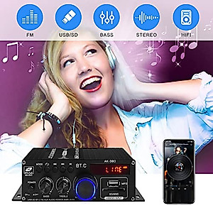 Bluetooth 5.0 Audio Power Amplifier AK-380 400W+400W 2.0 CH HiFi Stereo Amp Receiver with USB,SD,AUX,Remote Control,FM Antenna for Car Home Speaker Bar Party-(Without Power Adapter)