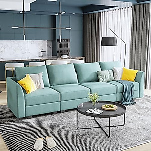 HONBAY 102'' Modular Sofa Couch Upholstered Fabric Sofa with Storage Seats 4 Piece Sofa for Living Room, Aqua Blue