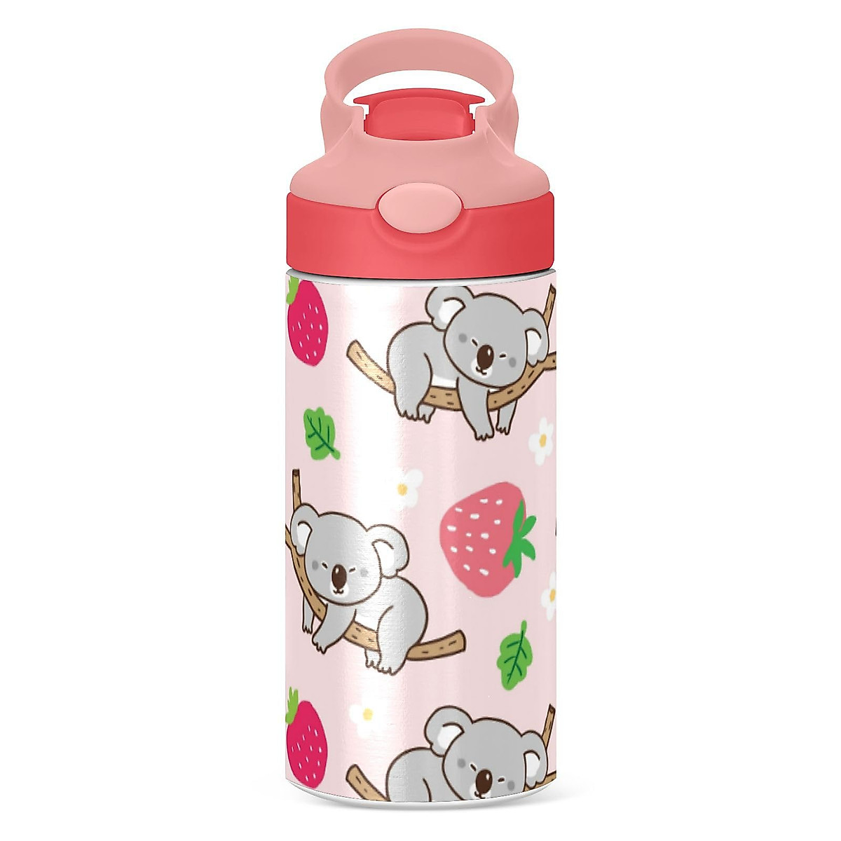 Kigai Koala Strawberry Kids Water Bottle, Insulated Stainless Steel Water Bottles with Straw Lid, 12 oz BPA-Free Leakproof Duck Mouth Thermos for Boys Girls