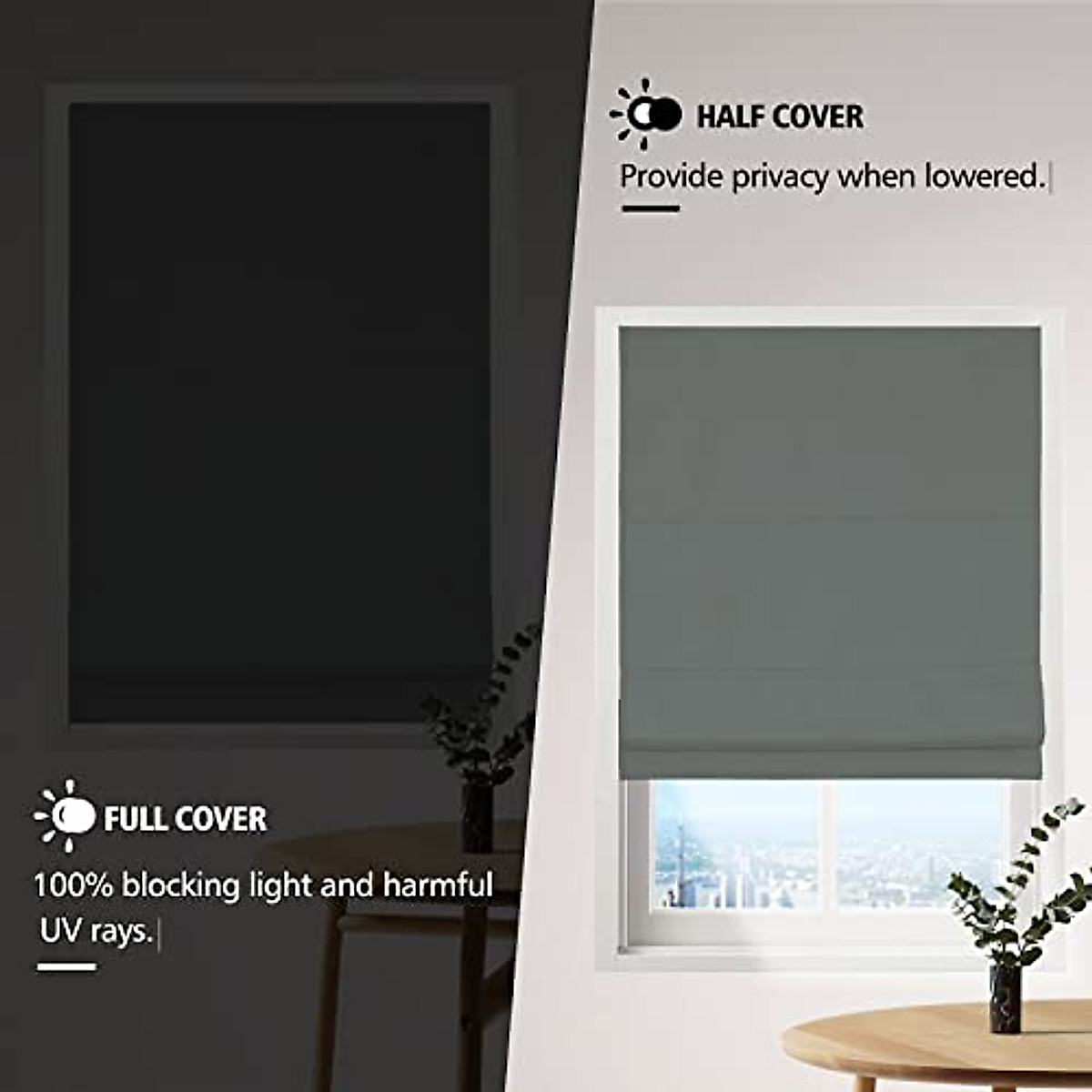 SUNFREE Cordless Roman Shades for Windows, Blackout Room Darkening Roman Blinds, Thermal Insulated Window Blinds Treatment, Washable Roman Blind for Living Room, Bedroom, Kitchen, 34" x 64", Grey