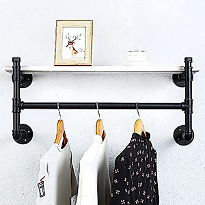 JIANZHUO Industrial Pipe Clothing Rack Wall Mounted with Wood Shelf,Rustic Retail Garment Rack Display Rack Cloths Rack,Pipe Shelving Floating Shelves