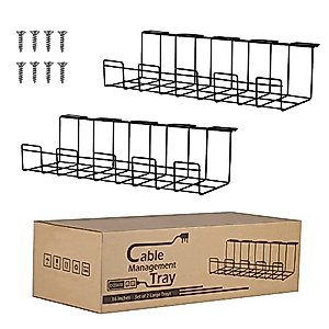 Under Desk Cable Management Tray 2 Packs, 16 inches Under Table Cord Organizer for Wire Management, Metal Wire Cable Mesh Holder for Desks, Offices and Kitchens (Black)