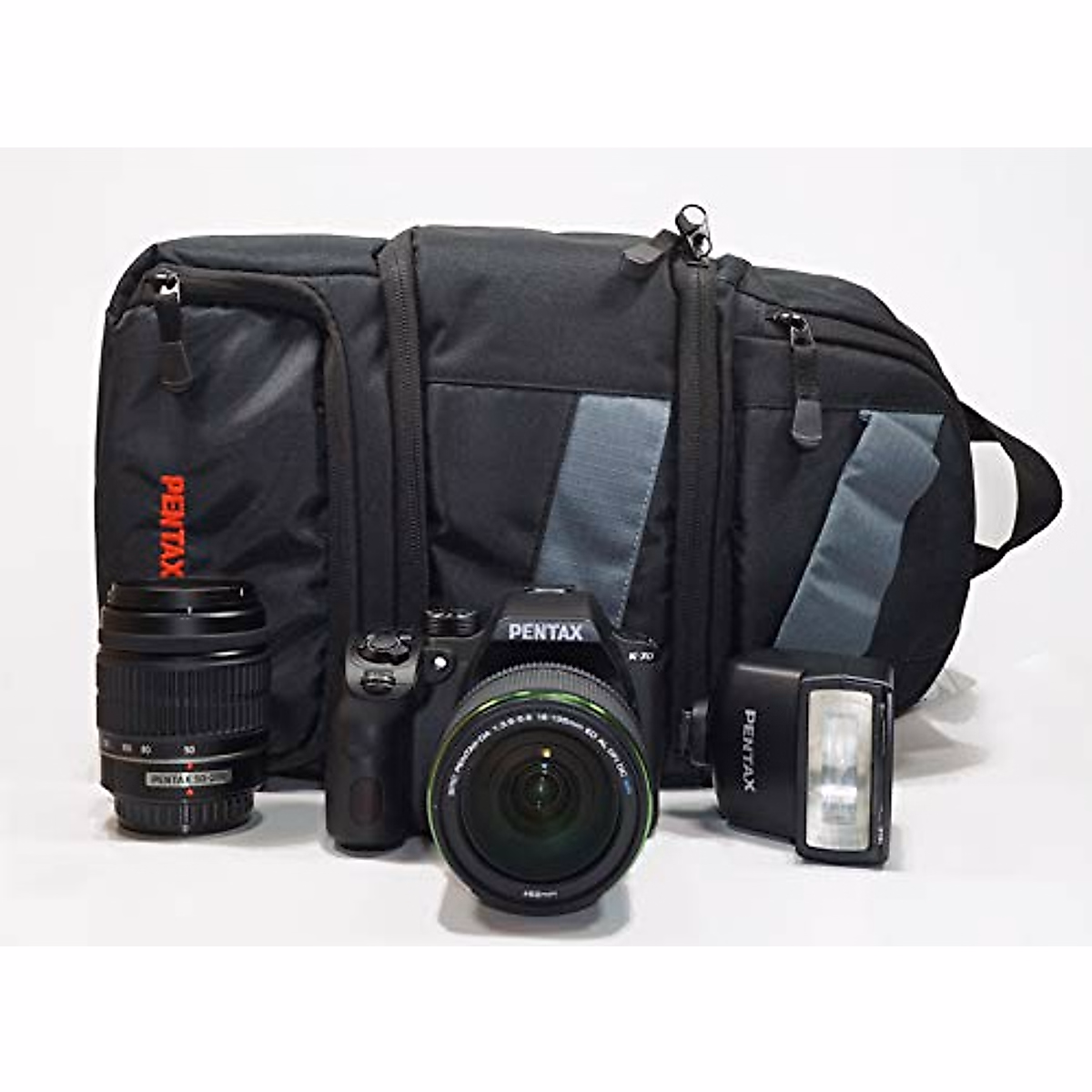 Pentax K-70 Weather-Sealed DSLR Camera with 18-135mm Lens (Black) Bundle with 50-200mm Lens, AF-200FG Flash, and Bag
