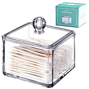 Modern Square Qtip Holder Acrylic Bathroom Vanity Countertop Storage Organizer Canister Jar for Cotton Swabs, Rounds, Balls, Makeup Sponges, Bath Salts - 2 Pack - Clear