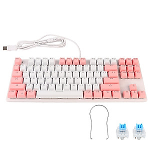 ASHATA Mechanical Keyboard 87 Keys, Cute USB Gaming Keyboard, Small Backlight Keyboard, Blue Switch Mixed Light Mechanical Keyboard for PC Laptop Desktop (Pink White)