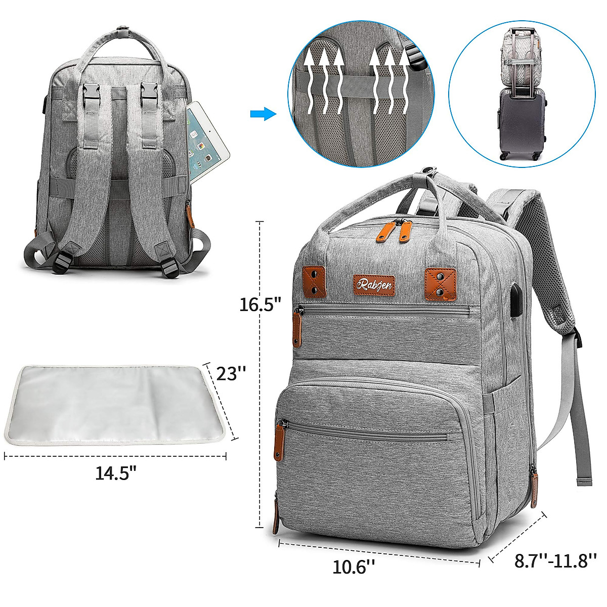 Rabjen Diaper Bag Backpack, Transformable Baby Bag, Spacious Enough for Twins' Stuff, Multifunction Back Pack, Gray