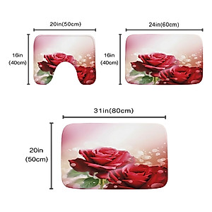 lczVEN Red Rose Bath Rugs, Imitation Cashmere Romantic Floral Glittering Bubble Bath Mat, Ultra Soft Non-Slip Bath Mats for Bathroom, 3Pcs Bathroom Rug Set