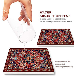 Bribay Coasters for Drinks Set of 6, Tribal Turkish Geometric Pattern Absorbent Square Ceramic Stone Mat, with Cork Base and Metal Holder, Gift for Housewarming Room Bar Decor