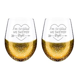 2 Pieces Pack Valentines Day Gifts for fiancée fiancé, I'm So Glad We Swiped Right Hand Etched Stemless Glitter Gold Wine Glass