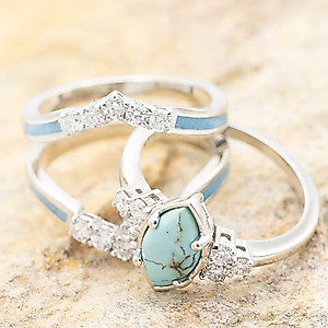 Elegant Rings Turquoise Ring for Women 3-in-1 Simulated Diamond CZ Ring Engagement Rings Bohemian Ring Jewelry (A, 8)