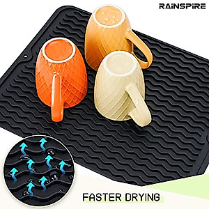 Rainspire Dish Drying Mats For Kitchen Counter, Silicone Dish Mat Drying Kitchen Mat, Food Grade Silicone Sink Drying Mat, Quick Dry Slip Resistant Kitchen Mats, 16x12inch, Black