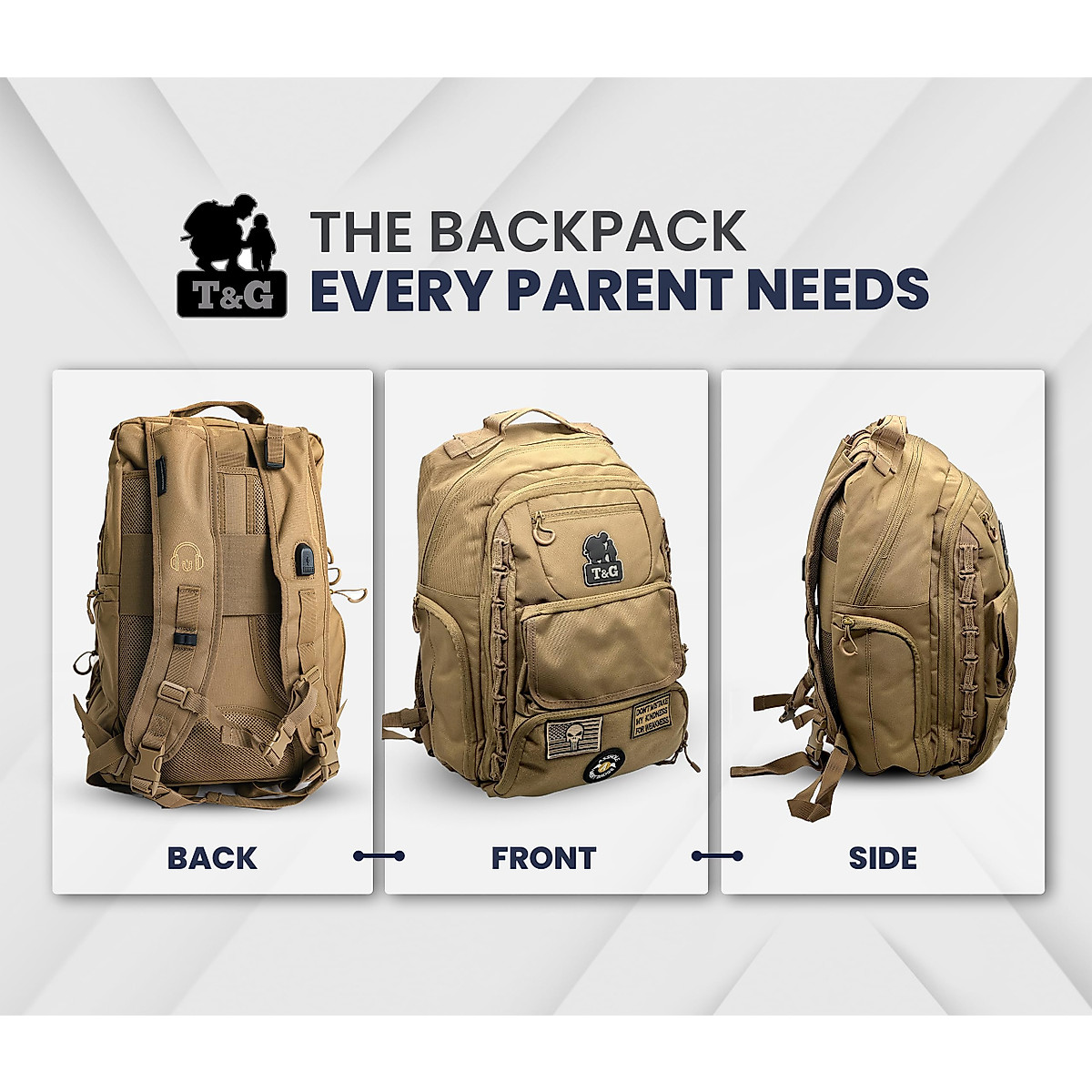 Toddlers And Gunners Dad Diaper Bag, With Diaper Changing Mat, USB Port & Laptop Compartment. Diaper Bag Backpack with Straps for Stroller. Large Diaper Bag for men and women (Coyote Brown)