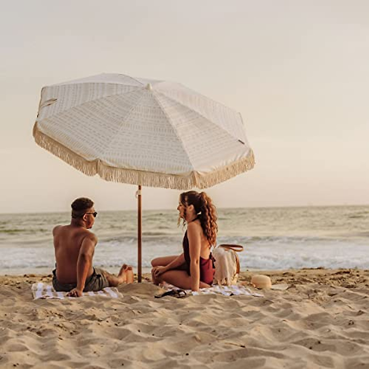 BEACH STATE Summerland 6.5 Feet Beach Umbrella with Fringe - Outdoor Umbrella - UV50+ Sun Protection (Laguna)