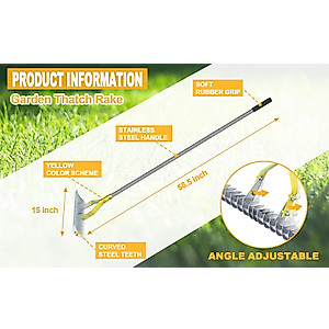 BARAYSTUS Thatch Rake, 15-Inch Wide Lawn Thatching Rake for Cleaning Dead Grass, Efficient Steel Metal Lawn Grass Rake with Stainless Steel Handle, Lawn loosening Soil Rake, 58.5-Inch Length