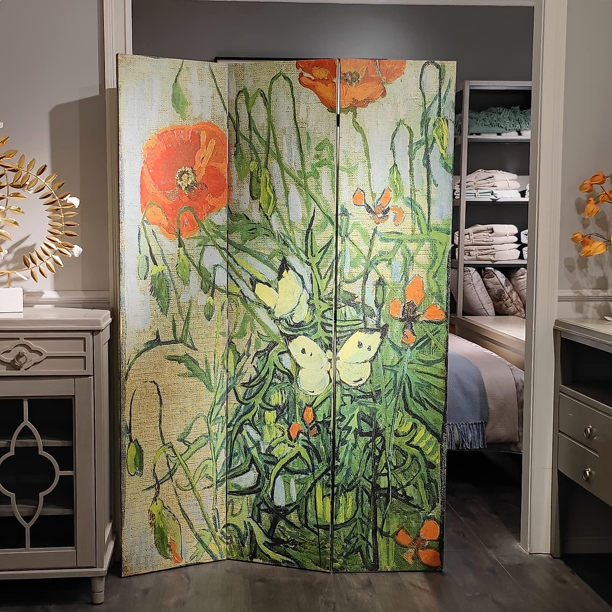 HOZUSO Room Divider Wood Privacy Screens Van Gogh's Butterflies and Poppies Painting Canvas 3-Panel Foldable Portable Separating Divider Room Partitions Freestanding Home Decor 71'' High